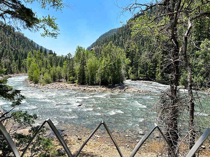 The Animas River rushing below, providing both stunning scenery and excellent motivation to stay clipped in properly.