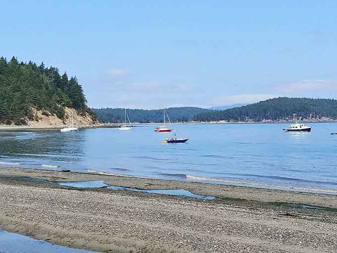 Boats bobbing in the distance while you're planted on the beach—proof that doing absolutely nothing counts as activity.