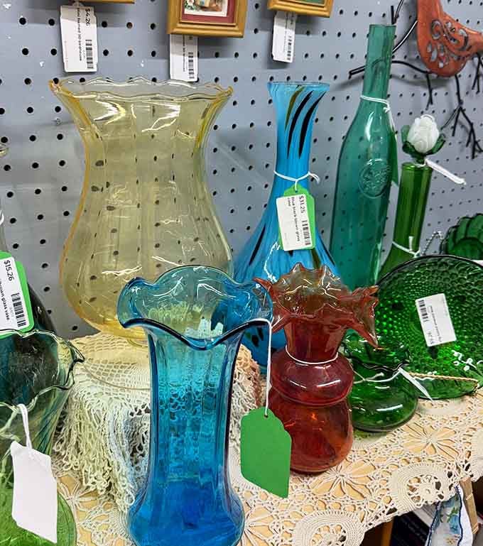 These colorful art glass vases catch the light like little stained-glass windows, turning any shelf into something worth staring at.