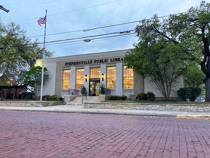 The Stephenville Public Library sits proudly on its brick-paved street, because great towns always take their books seriously.