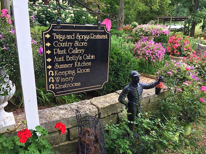 This charming directional sign helps navigate the property—though getting delightfully lost here isn't the worst fate.