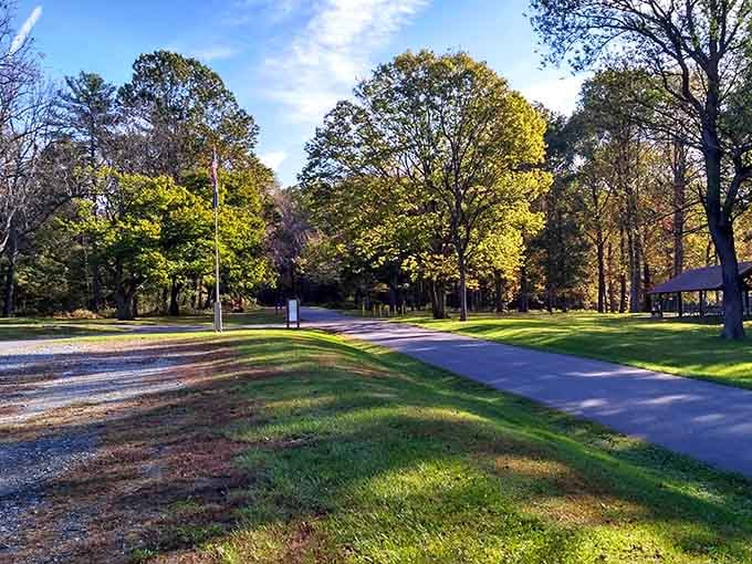 The park entrance rolls out a welcome mat made entirely of green grass and golden trees.