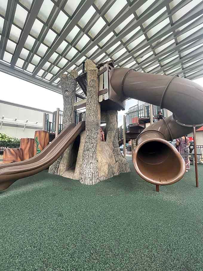 Kids can burn energy on this playground while adults recover from the exhausting joy of finding perfect deals.
