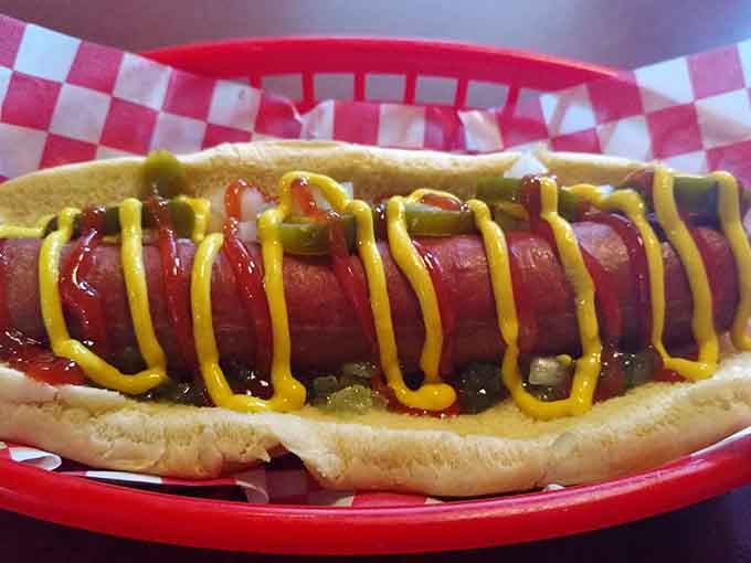 A quarter-pound Nathan's Famous frank dressed to impress. This hot dog walked in and owned the room.