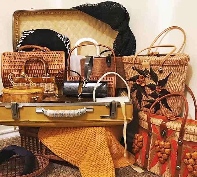 Woven bags, vintage suitcases, and wicker purses that have clearly lived a more interesting life than most of us.