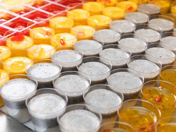 Rows of puddings and jellies lined up like a sweet little army, ready to finish you off.