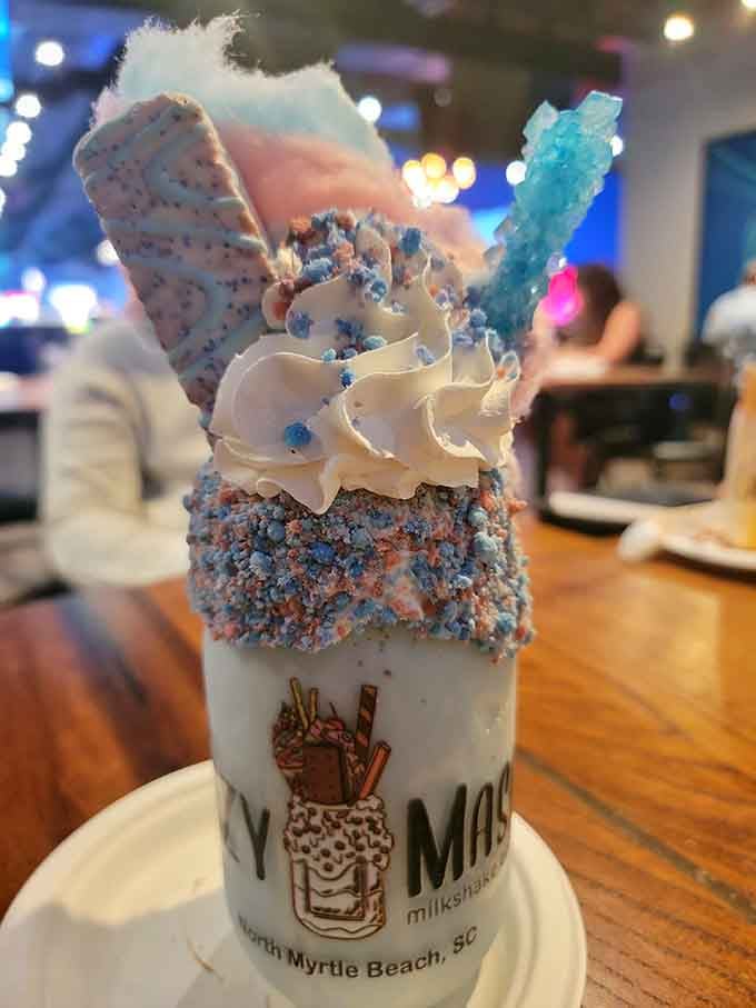 Cotton candy, rock candy, and blue frosting collide in a shake that makes your inner child absolutely lose it.