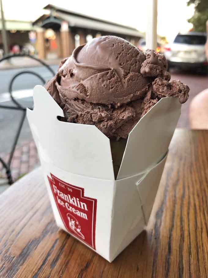 A generous scoop of chocolate ice cream in a Franklin Ice Cream box, proof that classics never go out of style.