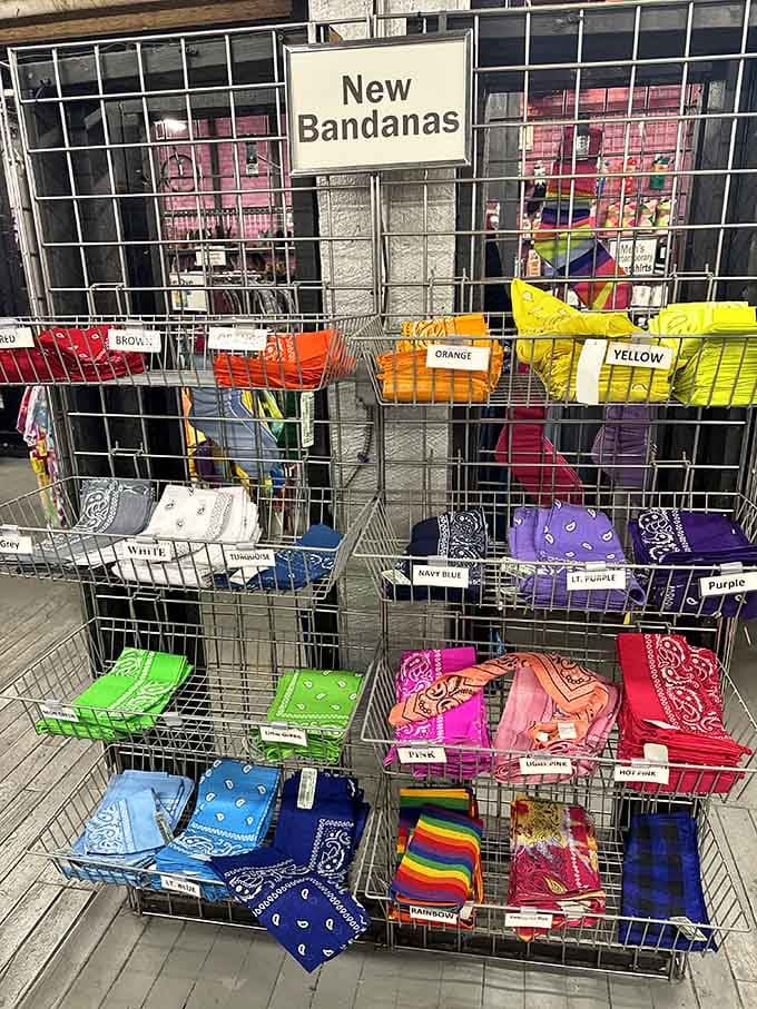 Every bandana color imaginable, organized like a paint store for people who appreciate neck accessories and good old-fashioned style.
