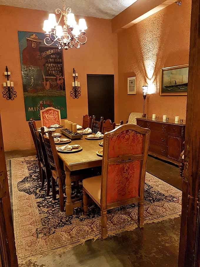 A Smokey Bear poster watching over a candlelit dinner table. Only in Texas does that feel completely perfect.