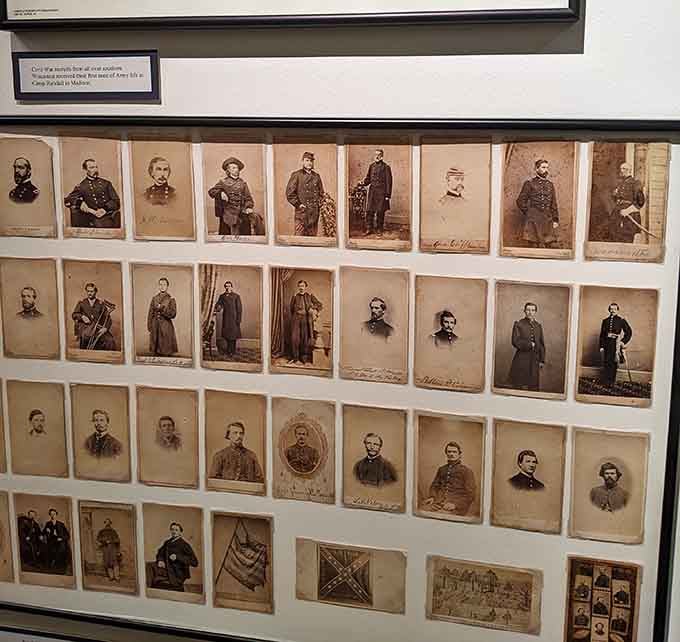 Rows of sepia faces staring back at you — Wisconsin's Civil War recruits, preserved and impossible to forget.