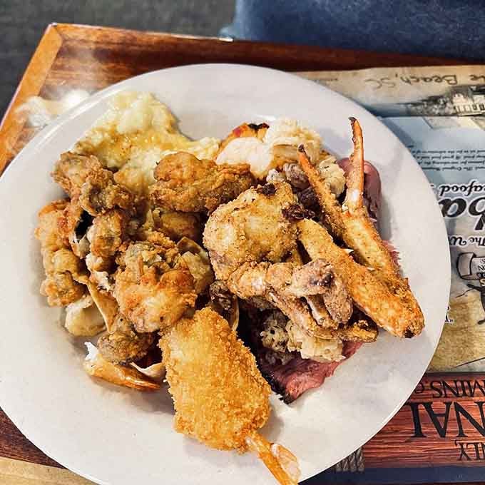 This fried seafood platter looks like someone won the lottery and spent it all on deliciousness.