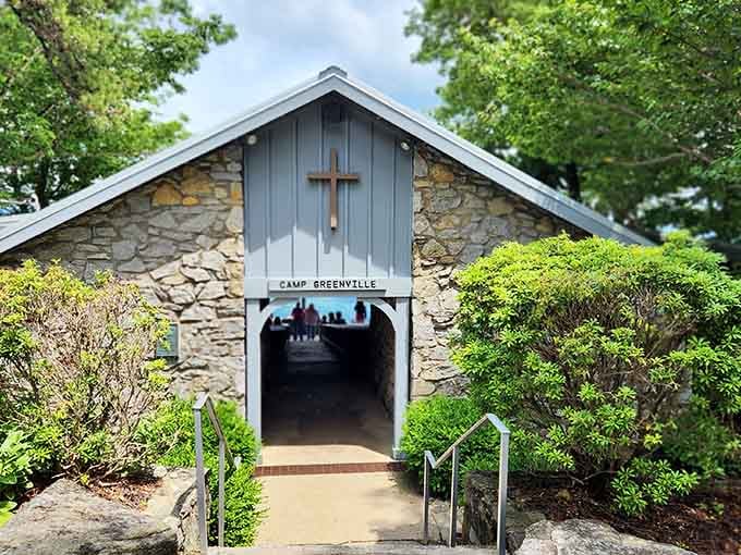 Stone walls, a wooden cross, and a doorway that opens straight into the Blue Ridge Mountains. Not bad.