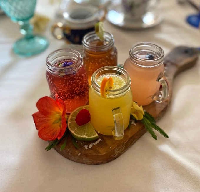 A mimosa flight that looks like a rainbow decided to take liquid form and brighten your entire afternoon.