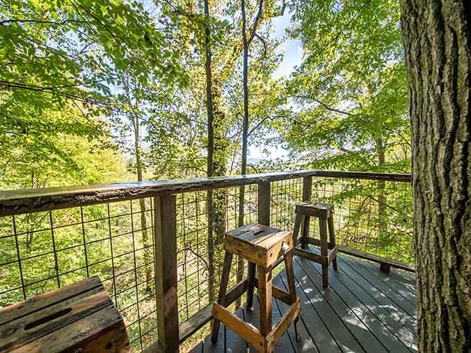Two rustic stools, a wire railing, and a canopy of summer green stretching endlessly, your morning coffee just got a serious upgrade.