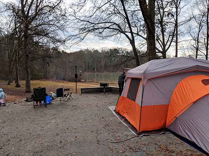 A tent, two camp chairs, and a lake view that costs nothing extra. Winter camping has never looked so inviting.
