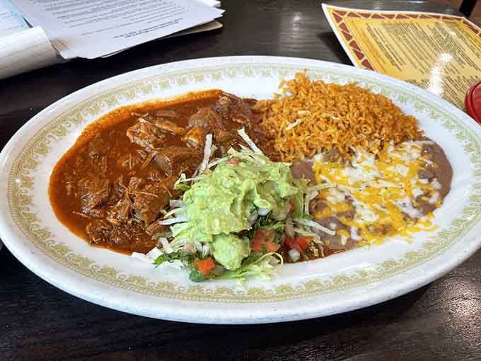 Birria in a rich, deeply colored sauce, sitting next to rice and beans like royalty at a casual dinner.