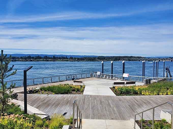 Wide open river, blue skies, and a wooden deck that practically begs you to stay a little longer.