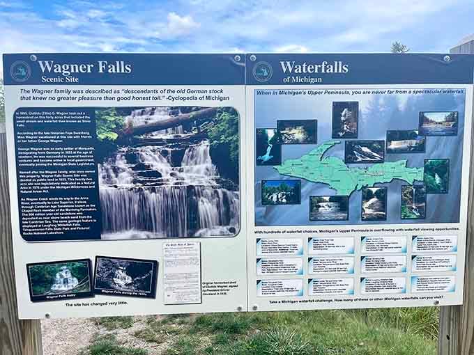 The informational sign at Wagner Falls tells the story of a place that's barely changed over time.