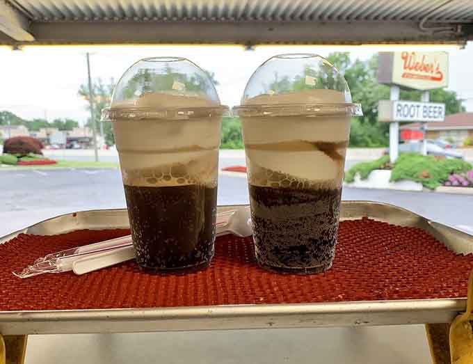 Two root beer floats sitting side by side on a tray look like the happiest couple in Pennsauken.