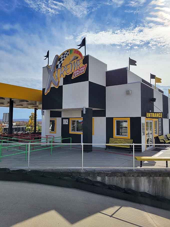 That bold checkered building is basically a starting flag telling you to stop walking and start racing already.