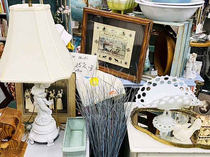 A ceramic figurine lamp, a lace-edged dish, and a framed print walk into a booth, and somehow you want all three.
