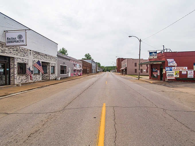 Bonne Terre's main street keeps it refreshingly real, with American flags flying outside the chiropractic office and a package store sign that gets straight to the point.