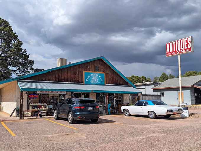 That rustic barn exterior and turquoise trim promise authentic treasures inside, like something from an old Western movie set.