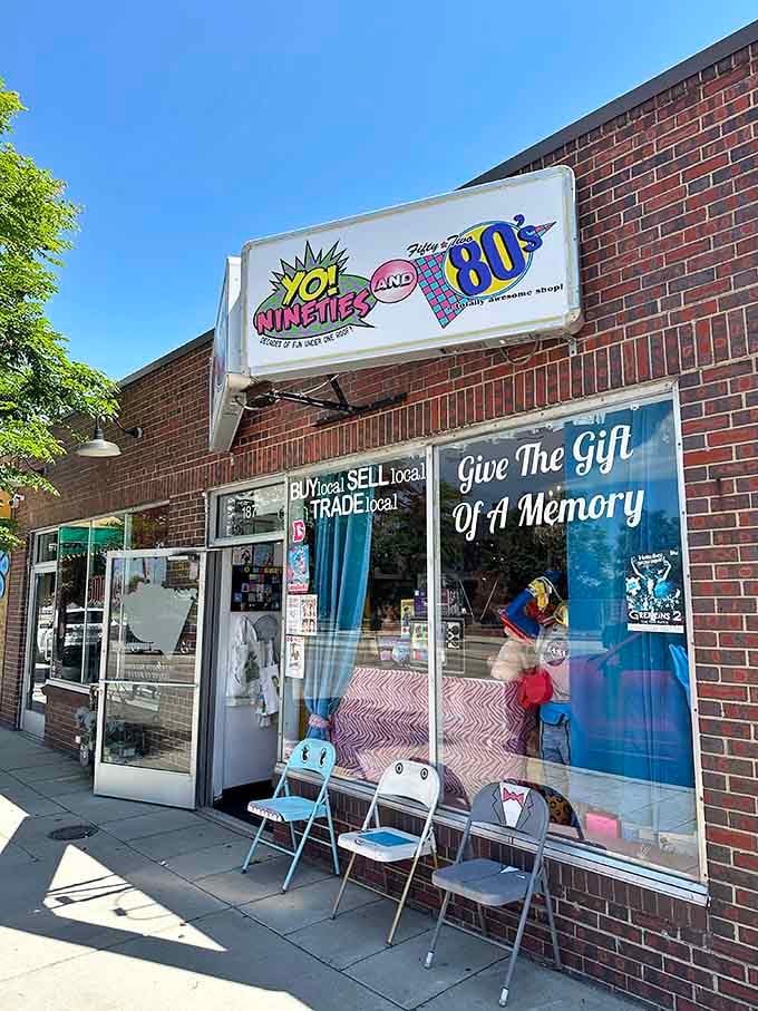 The storefront screams neon nostalgia, promising treasures from the decade when big hair and bigger dreams ruled everything wonderfully.