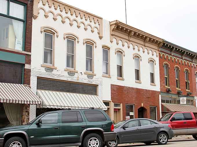 These ornate white facades and scalloped cornices on Fulton's main street are the architectural equivalent of a firm, friendly handshake.
