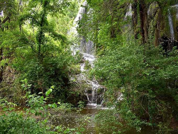 Gorman Falls peeks through a curtain of dense green foliage, whispering that the best things in Texas are worth finding.
