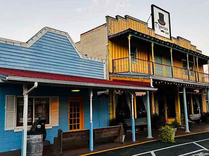 That yellow-and-blue building at Patti's 1880s Settlement looks like it was designed by someone who believed more is always more, and honestly, they were right.