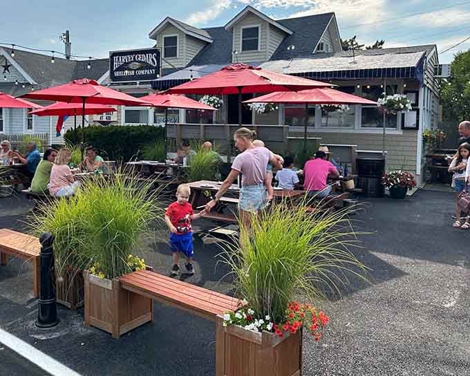 Red umbrellas, wooden planters bursting with flowers, and a toddler discovering the world &mdash; Harvey Cedars Shellfish Company is summer in one frame.