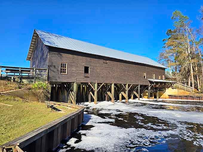 Those sturdy wooden supports rising from the mill pond look like they're doing water aerobics while holding up history.