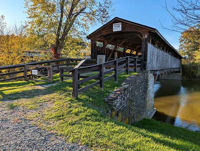 Autumn leaves, golden water, and those sturdy stone piers — Perrine's Bridge wears the Hudson Valley fall like a perfectly tailored coat.