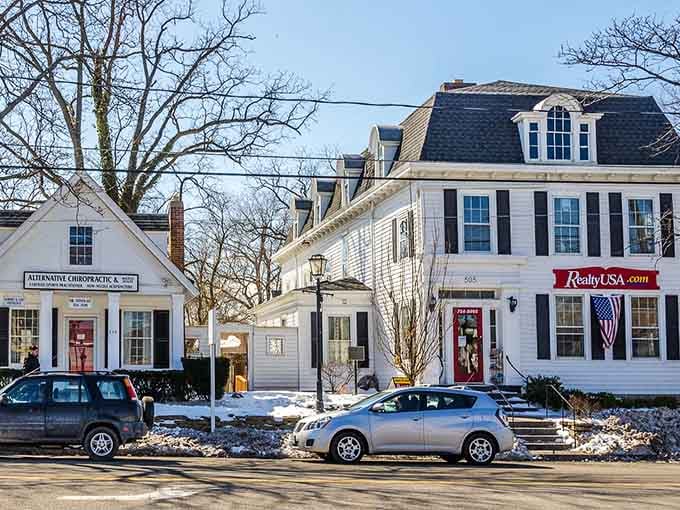 Winter transforms these classic buildings into a snow globe come to life, complete with that cozy small-town glow.