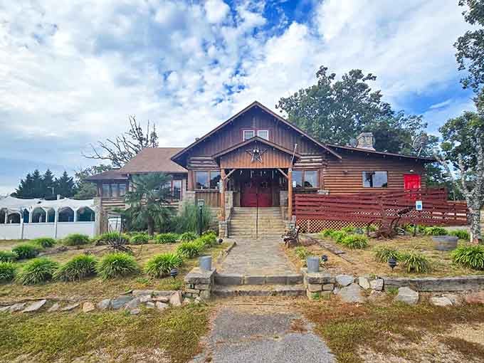 That log cabin exterior with a lone star above the door sets the stage for a seriously satisfying ribeye experience.