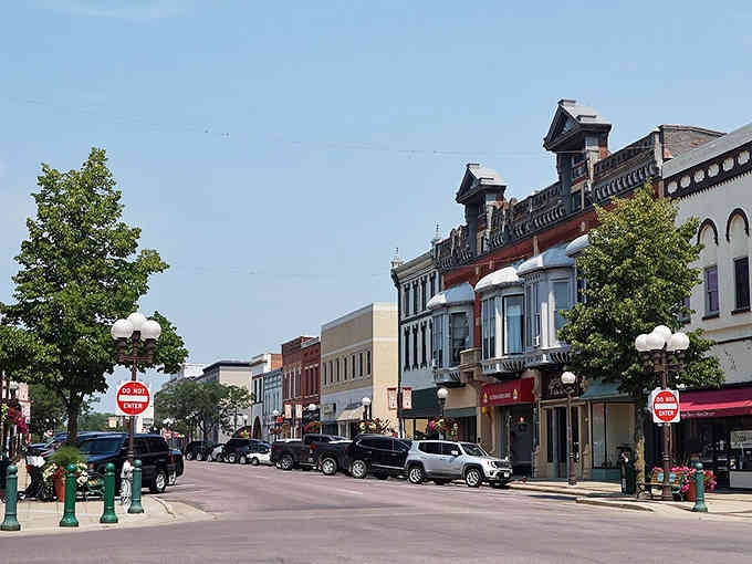 Tree-lined streets and Victorian buildings create the kind of downtown where window shopping becomes an actual activity.
