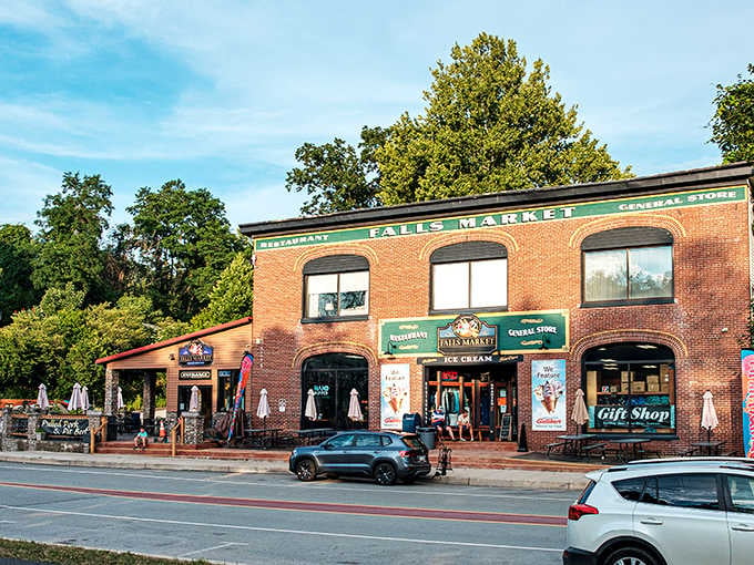 The Falls Market building anchors this corner with classic brick charm and shops that invite leisurely weekend browsing.