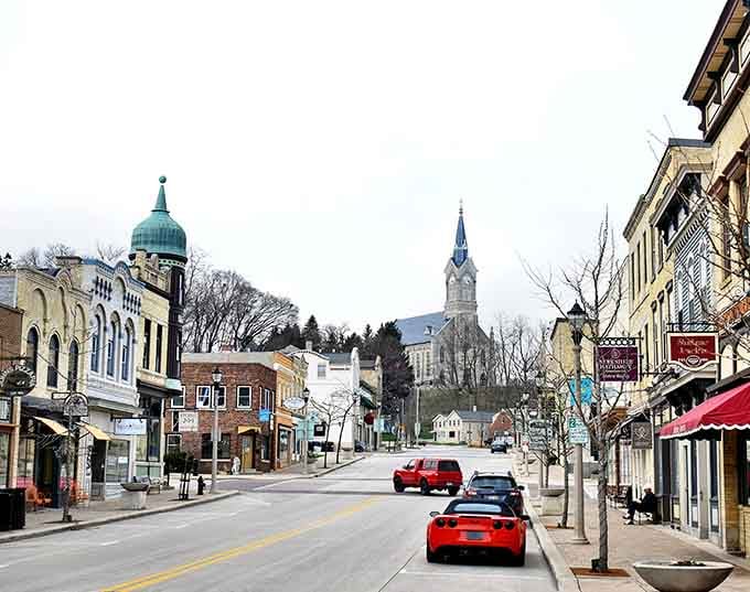 Church steeples rise above the street like exclamation points celebrating this hillside town's enduring beauty.