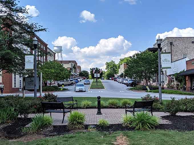 Senoia's wide green median and matching lamp posts give the whole street a storybook quality that no TV show could fully capture.