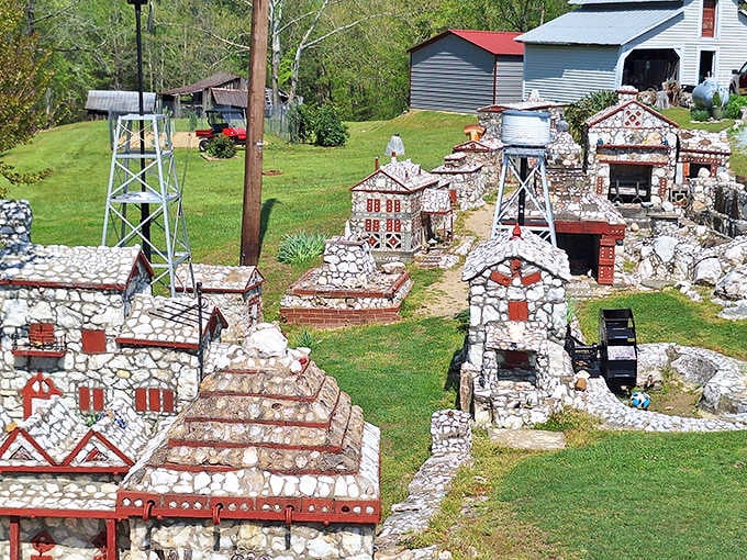 Tiny stone churches, water towers, and cottages fill this remarkable yard, each one hand-built with extraordinary patience and care.