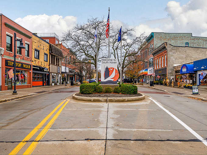 South Haven's welcome monument stands at the heart of a downtown that knows exactly how charming it is.