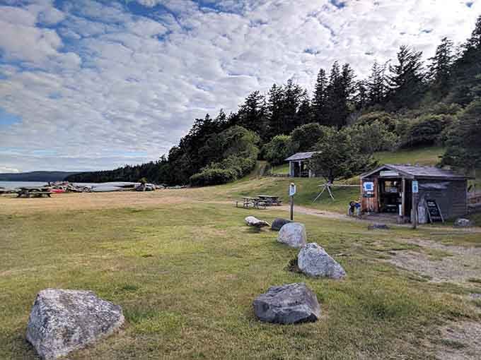 Smooth grass and scattered boulders lead down to the protected waters where kayakers explore quiet island coves.