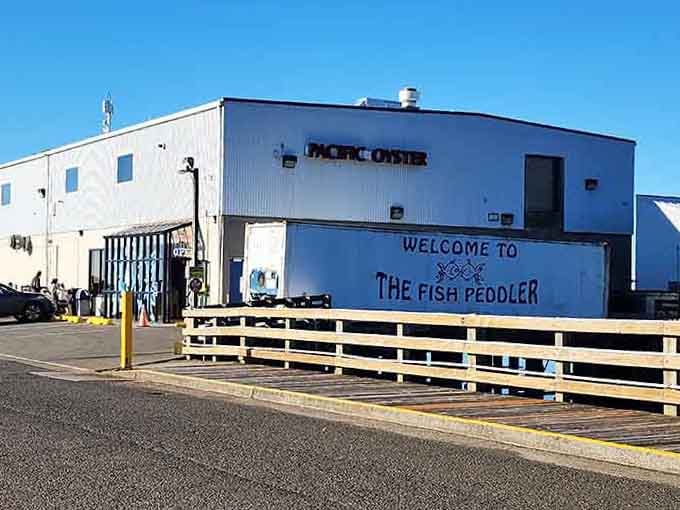 When "Welcome to The Fish Peddler" is painted on a Pacific Oyster building, you know it's serious.
