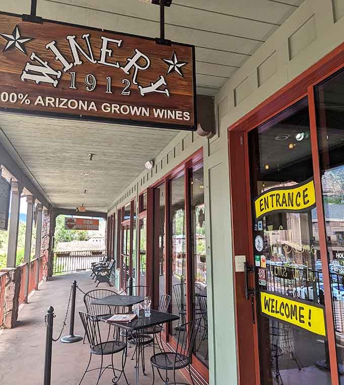 That wooden sign says "100% Arizona Grown Wines," and the welcoming porch says come on in and stay awhile.