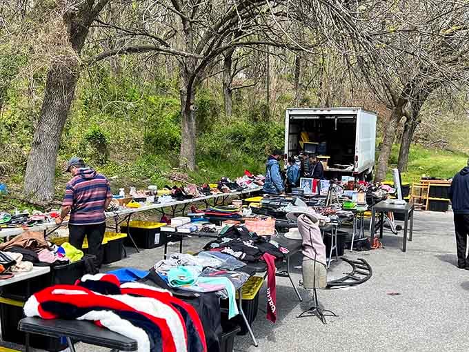 Vendors unloading straight from the truck under bare spring trees, where every table holds a fresh surprise.