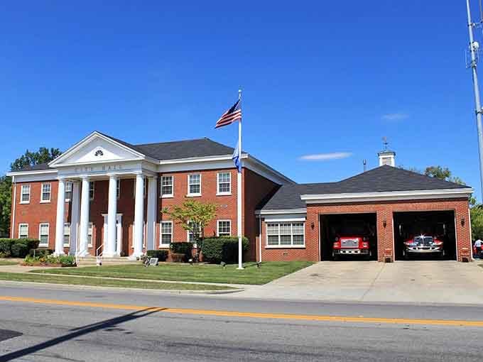 A crisp blue sky frames Berea's tidy city hall and fire station, the kind of civic pride you can actually see from the street.