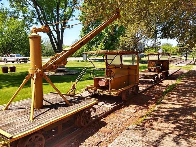 Golden vintage rail equipment gleams in the dappled shade, proof that old machinery has serious personality.