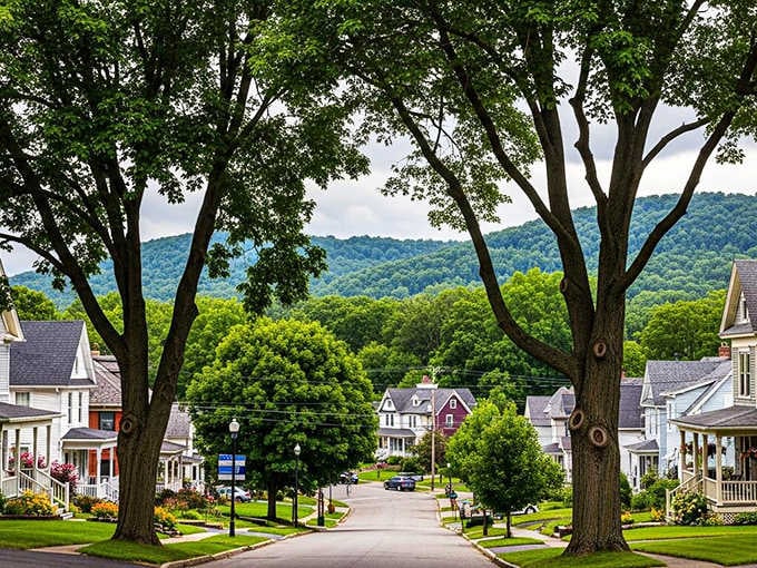 Tree-lined streets frame a picture-perfect Fredonia neighborhood, with green hills rolling softly in the background like a living postcard.